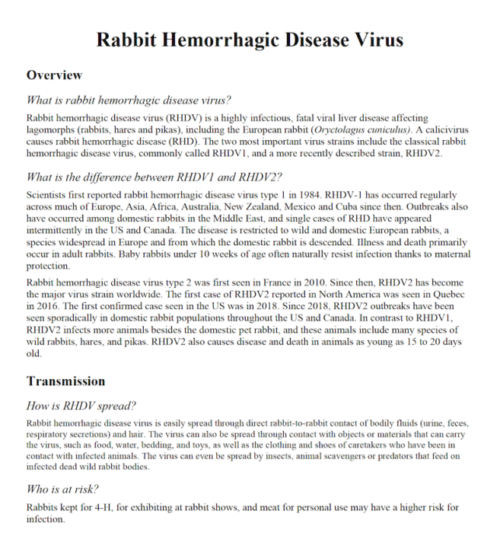 Rabbit Hemorrhagic Disease Virus - LafeberVet