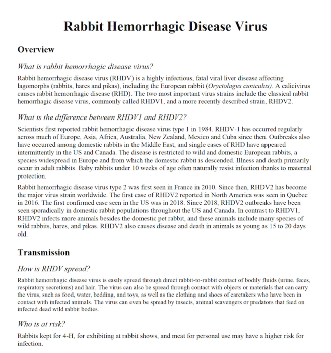 Rabbit Hemorrhagic Disease Virus - LafeberVet